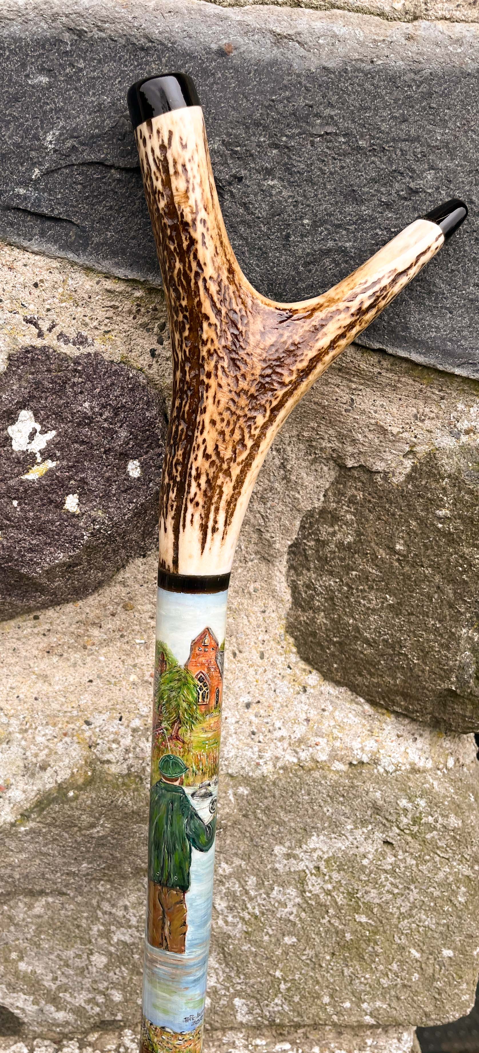 Man Fishing in a River Hand Painted Staghorn Thumbstick Handled Wading ...